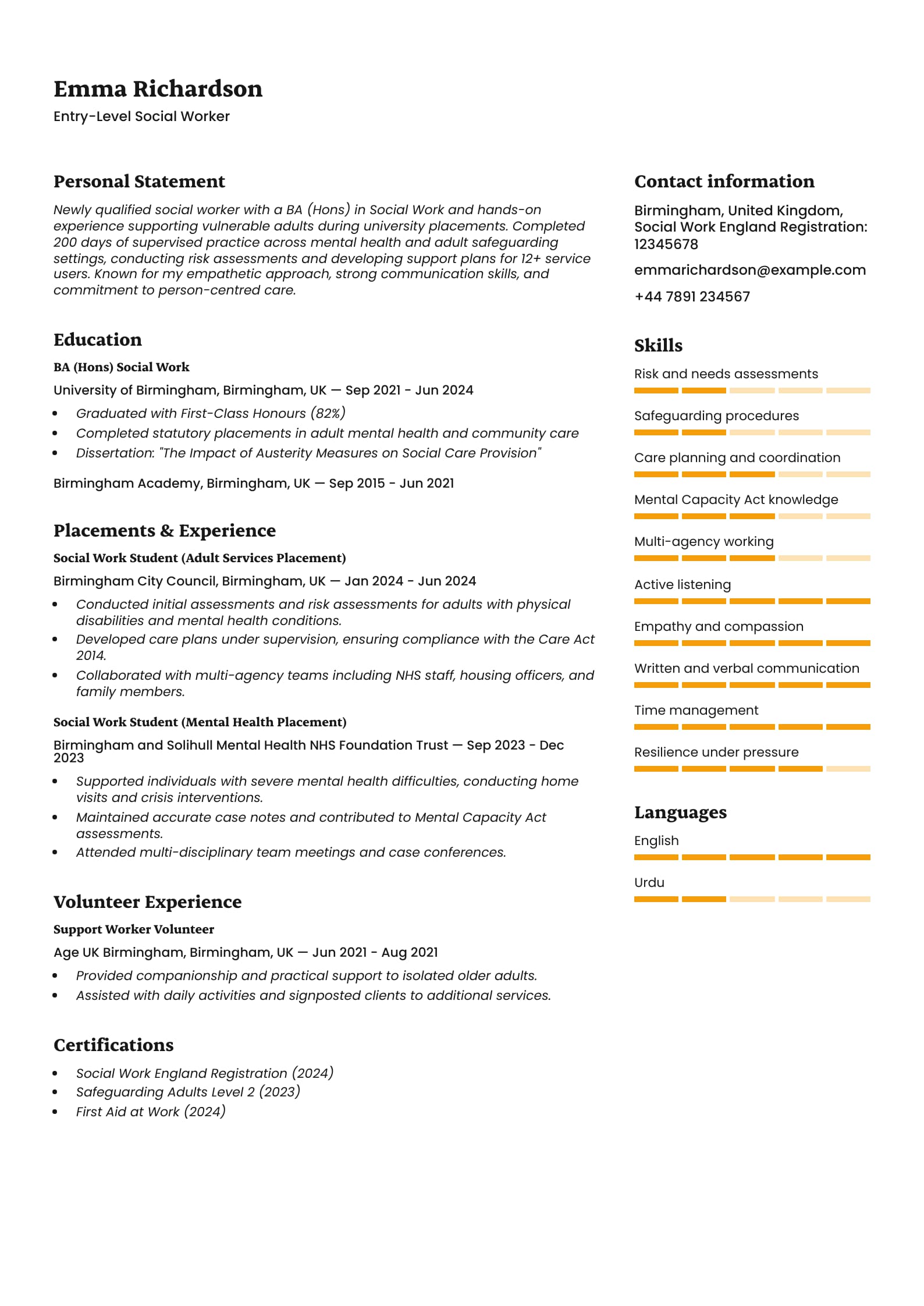 Entry-Level Social Worker CV Example